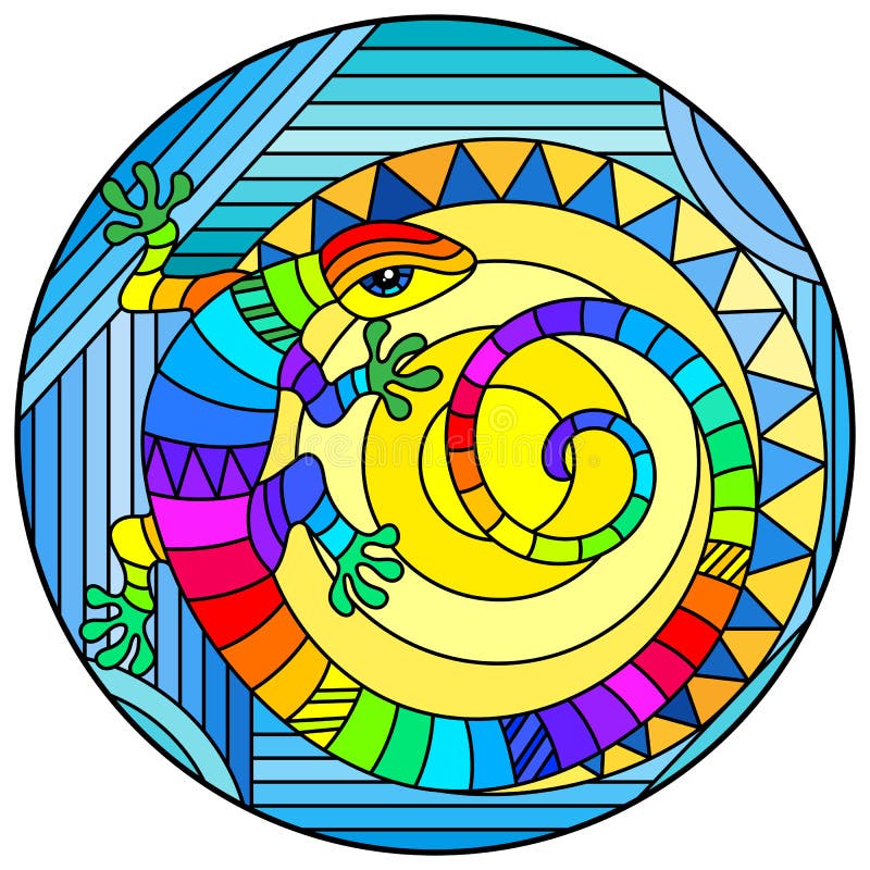 Stained Glass Illustration with Abstract Rainbow Lizard and a Sun on ...
