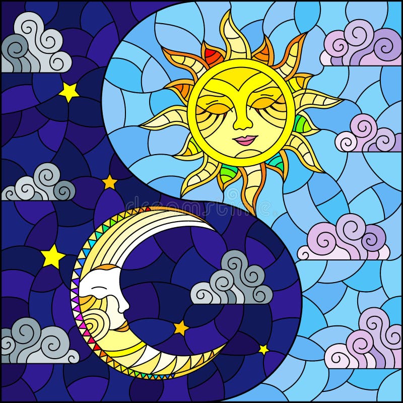 Stained Glass Illustration with Abstract Sun and Moon in the Sky ...