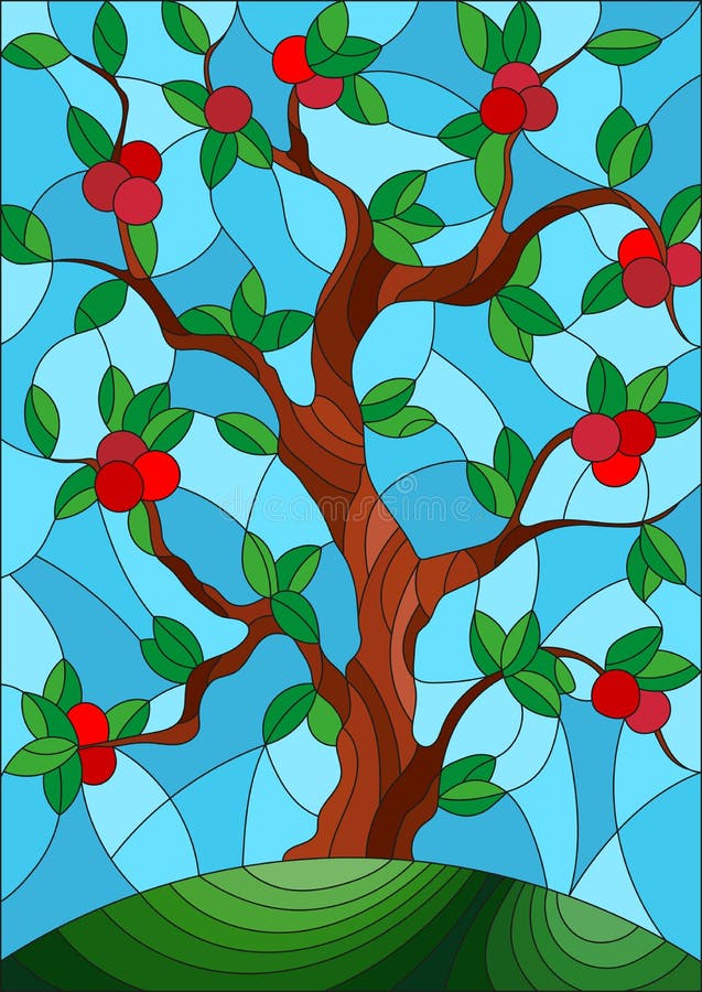 Stained Glass Illustration with an Apple Tree Standing Alone on a Hill ...