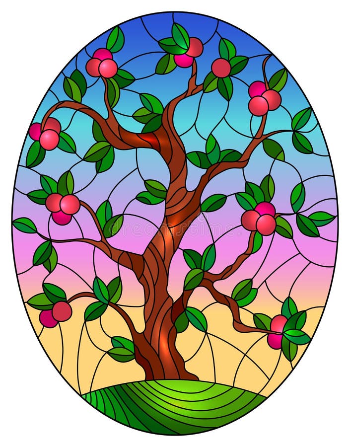 Stained Glass Illustration with an Apple Tree Standing Alone on a Hill ...