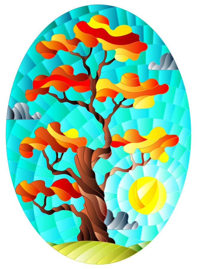An Illustration in Stained Glass Style with Autumn Tree on Sky ...