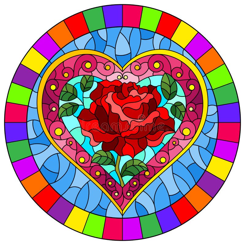 Stained Glass Illustration With Bright Pink Heart And Red Rose Flower