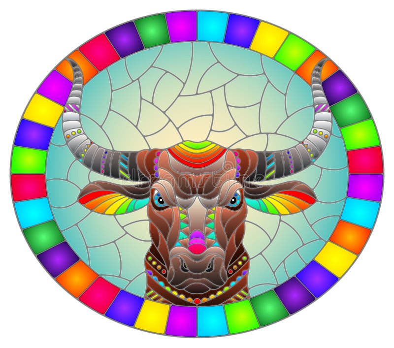 Stained Glass Illustration with Bull Head in Round Bright Frame on ...