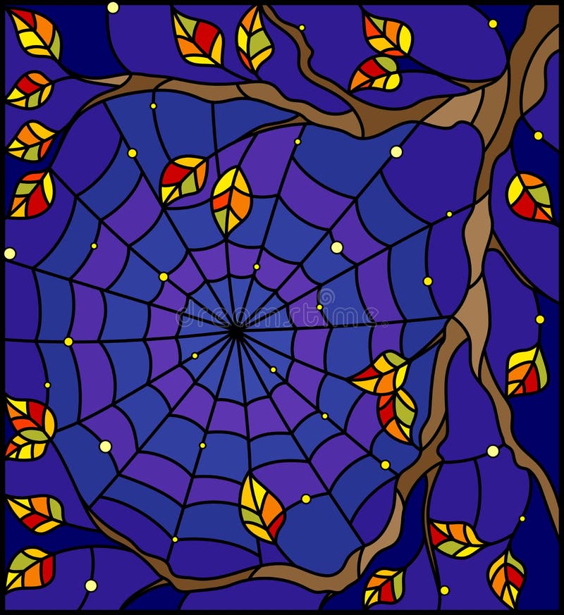 Stained Glass Illustration with Cobwebs on the Branches of a Tree ...
