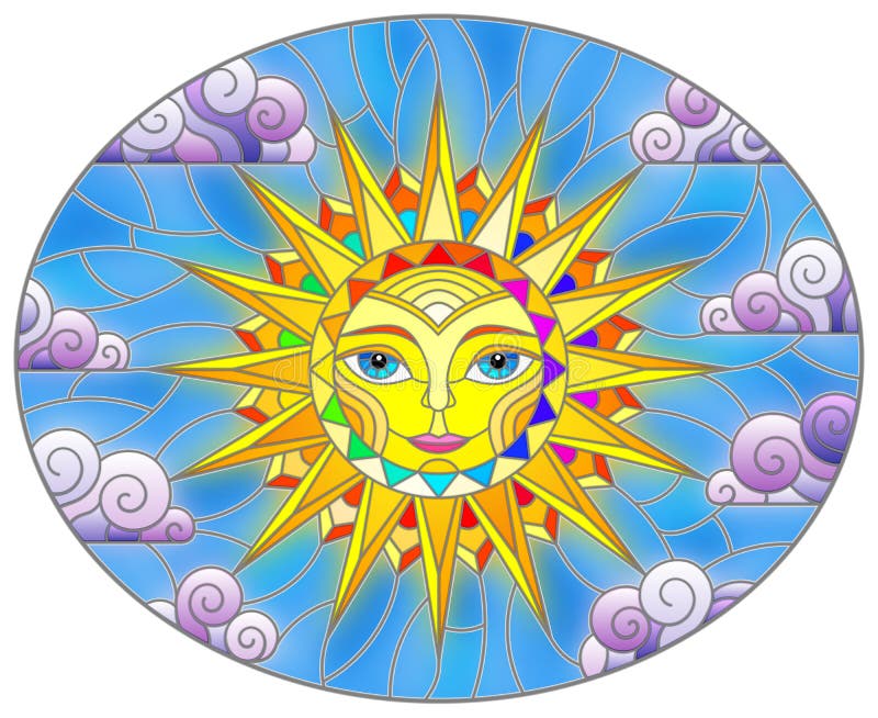 Stained Glass Illustration with Fabulous Sun with the Face on the ...