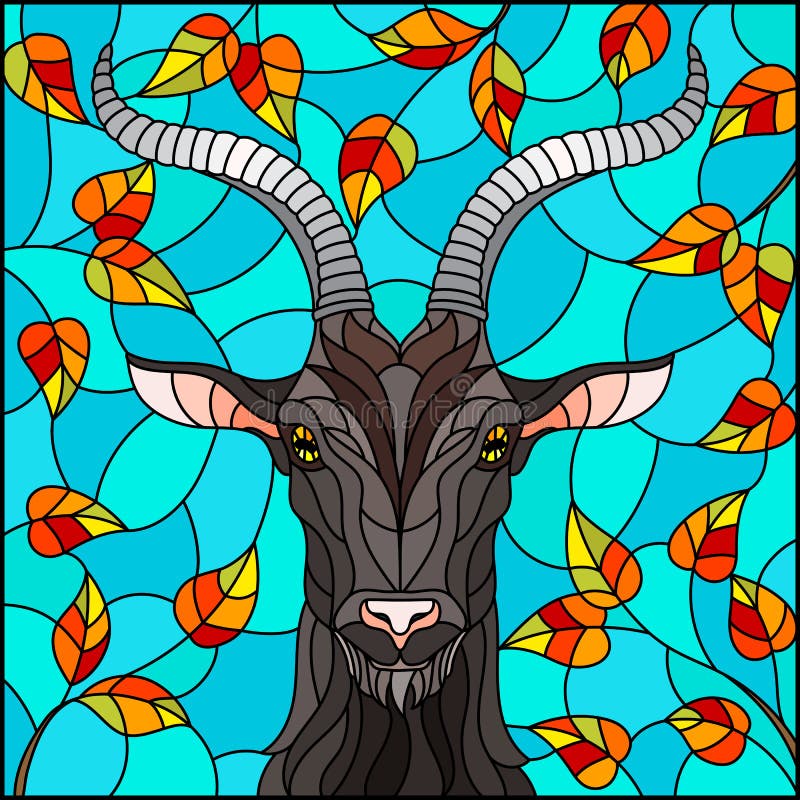 Stained Glass Illustration with Goat Head,on the Background of Autumn ...