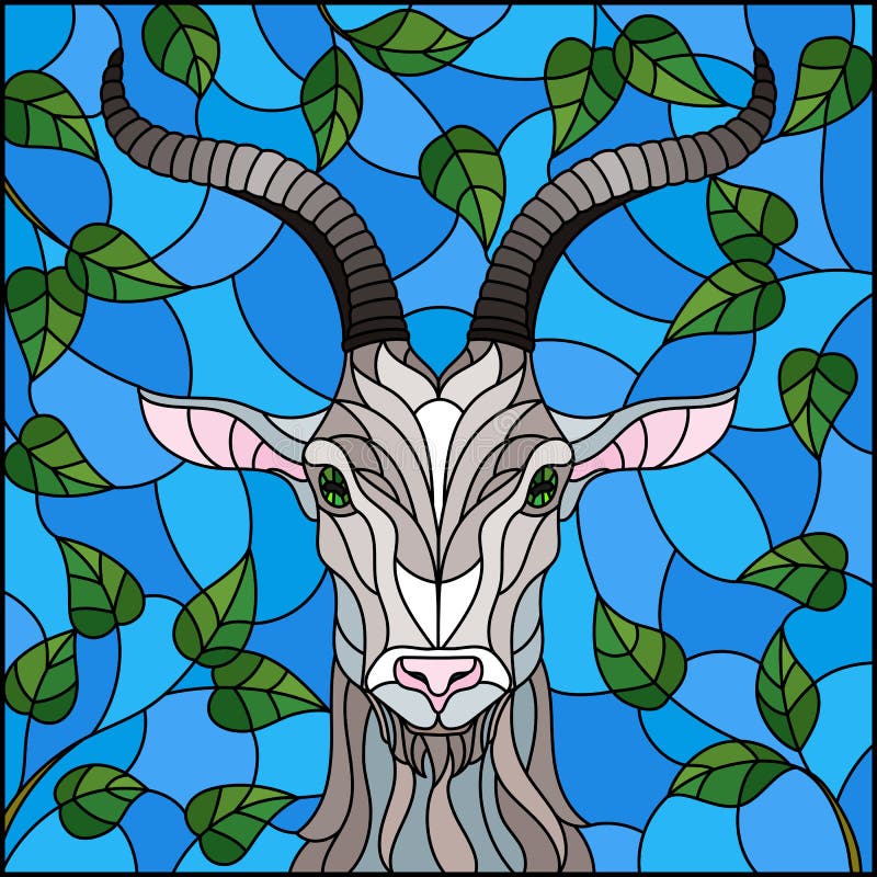 Stained Glass Illustration with Goat Head,on the Background of Tree ...