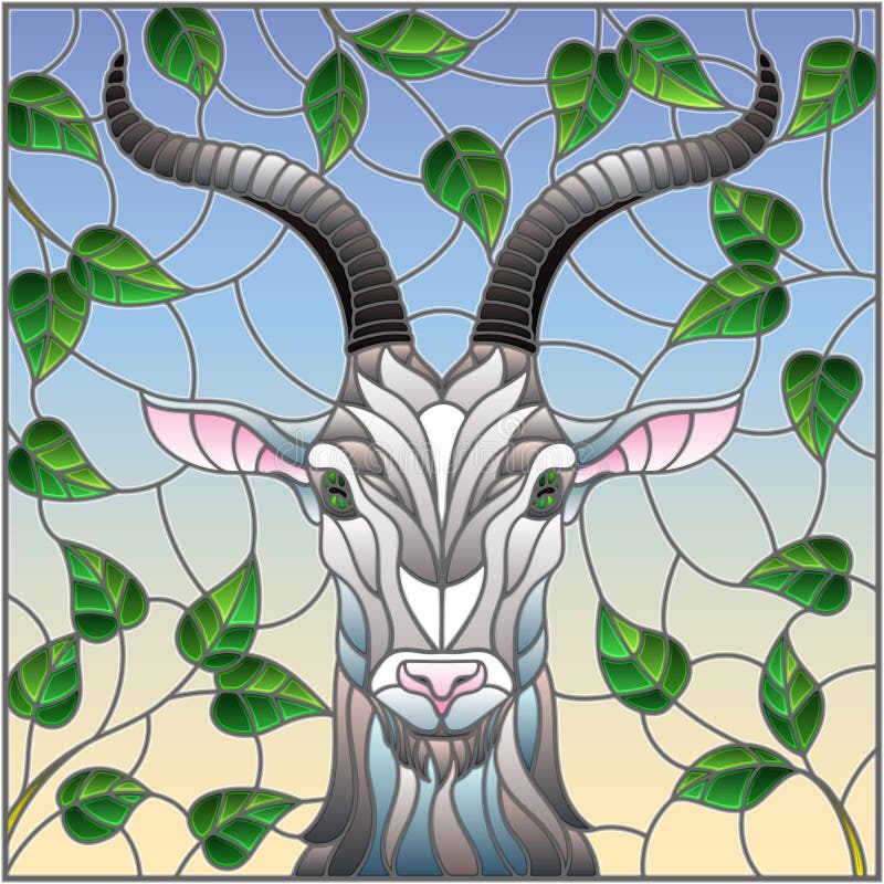 Stained Glass Illustration with Goat Head,on the Background of Tree ...