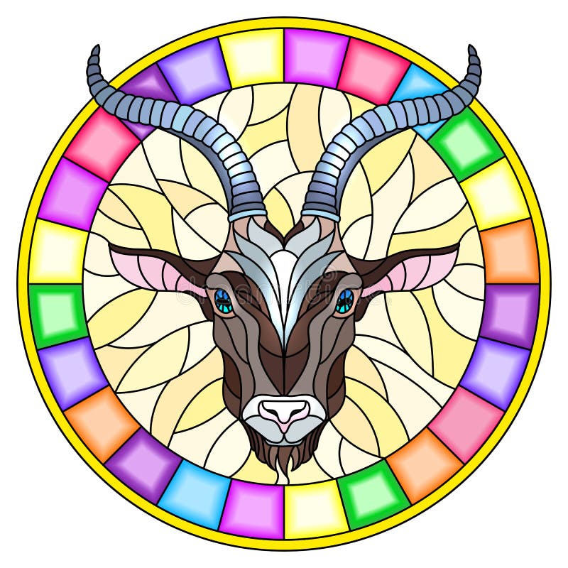 Stained Glass Illustration with Goat Head in Round Frame on White ...