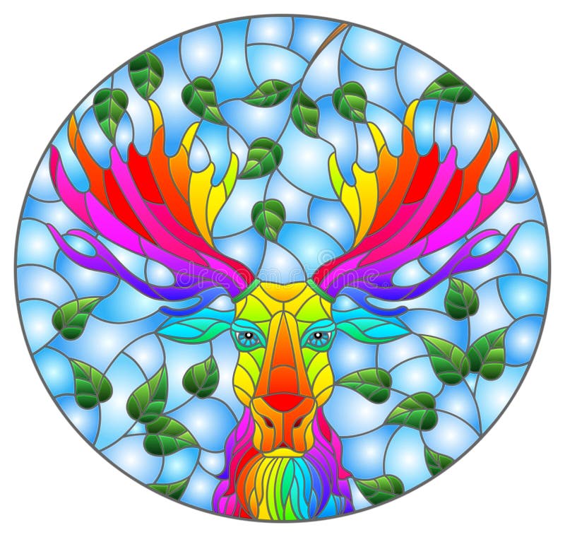 Stained Glass Illustration with the Head of a Rainbow Moose on a ...