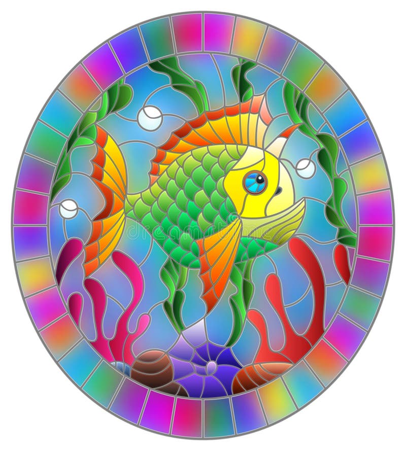 An Illustration in Stained Glass Style with a Pair Bright Fish on the ...
