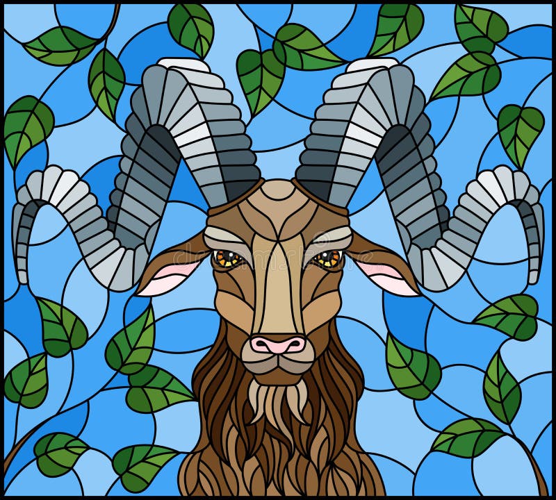 Stained Glass Illustration with Ram Head,on the Background of Tree ...
