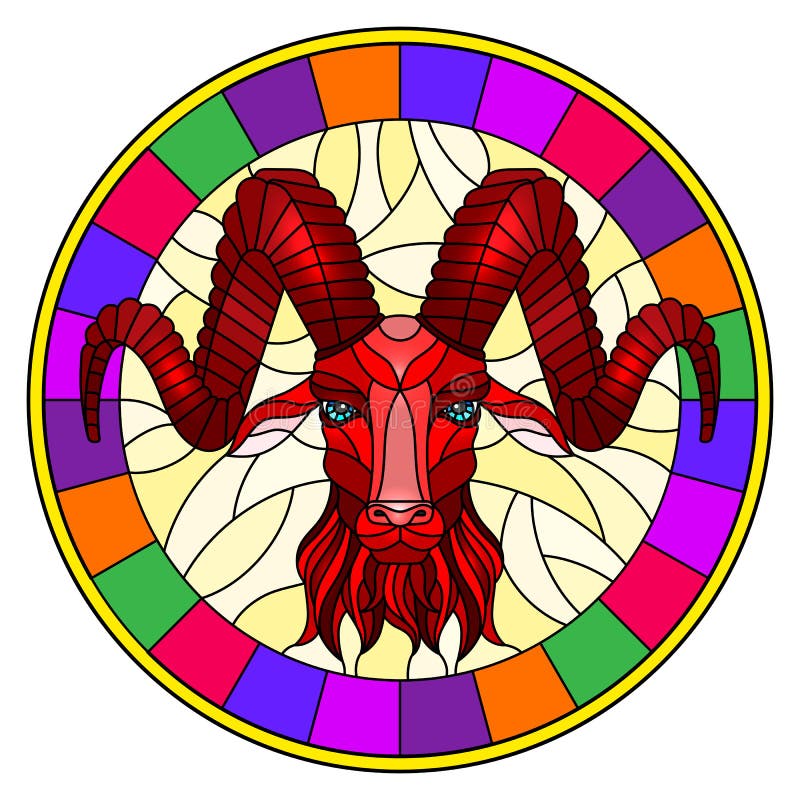 Stained Glass Illustration with Red Ram Head in Round Frame on White ...