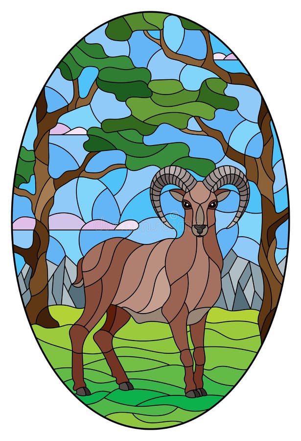 Stained Glass Illustration with Wild RAM on the Background of Trees ...