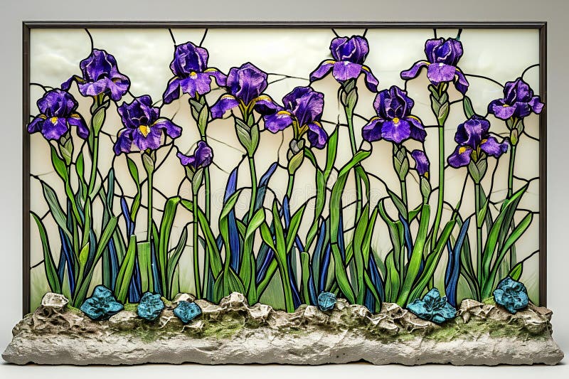 Illustration of a Stained Glass Window with Iris Flowers, Horizontal ...