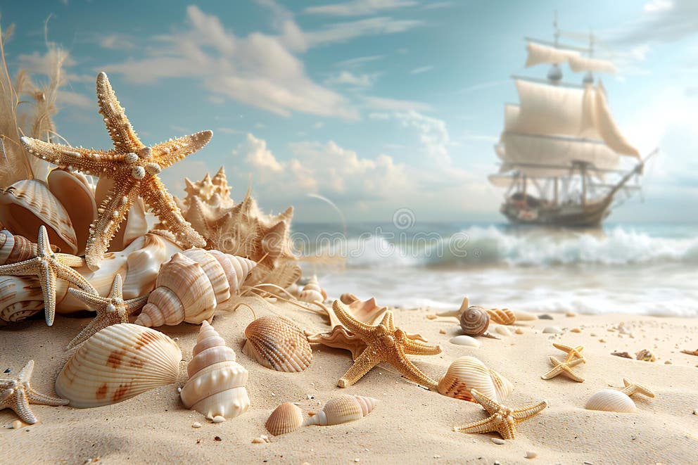 Starfish and Shells on the Beach with a Ship in the Distance Stock ...