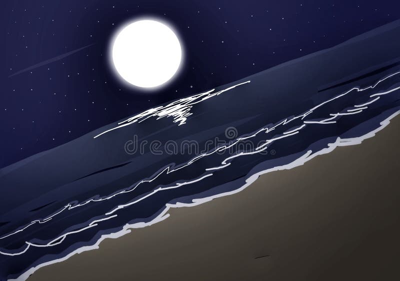 Illustration of, at Starry Night with Moon and Sea. Stock Illustration ...