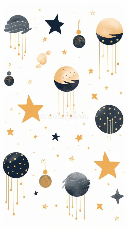 An Illustration of Stars Planets and Other Objects in Black Gold and ...