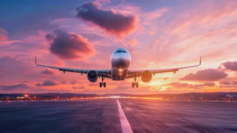 Illustration of a Starting Airplane Over a Runway Stock Image - Image ...