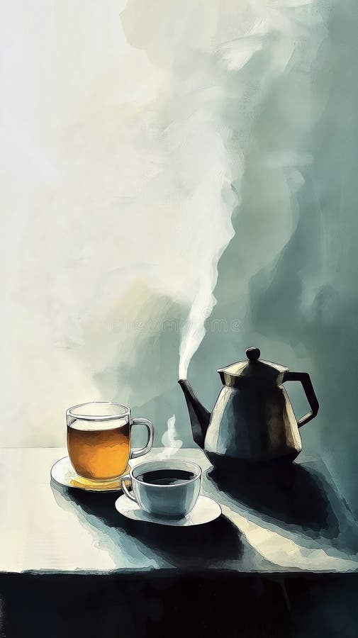 Illustration of a Steaming Teapot and Two Cups on a Table, Creating a ...