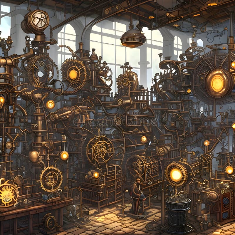 A Steampunk Factory Interior with Massive Gears, Conveyor Belts, and ...