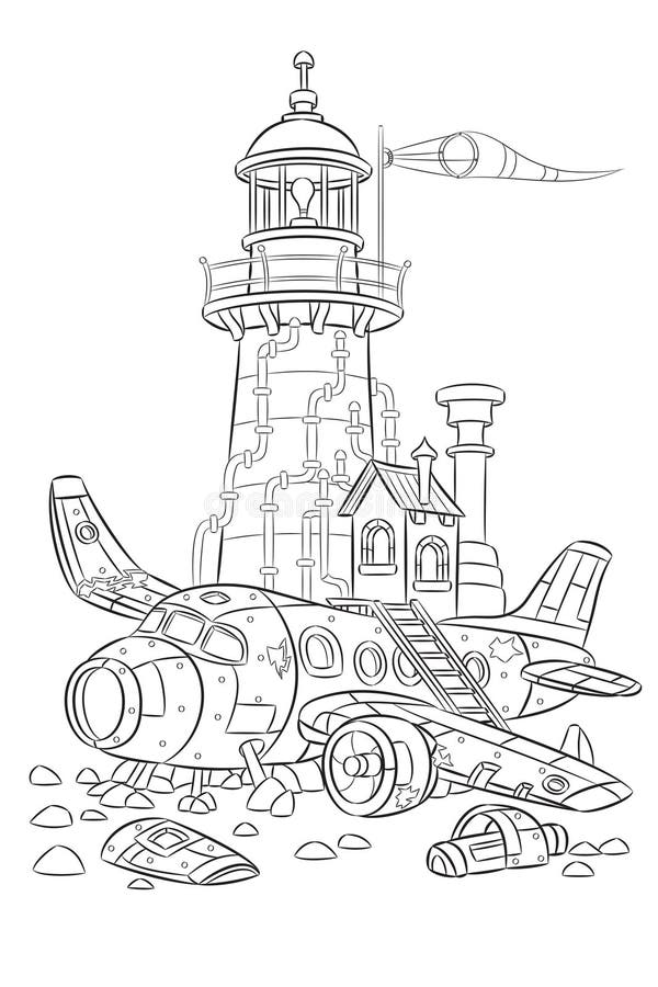 Illustration of Steampunk Style Lighthouse with Airplane Wreckage ...