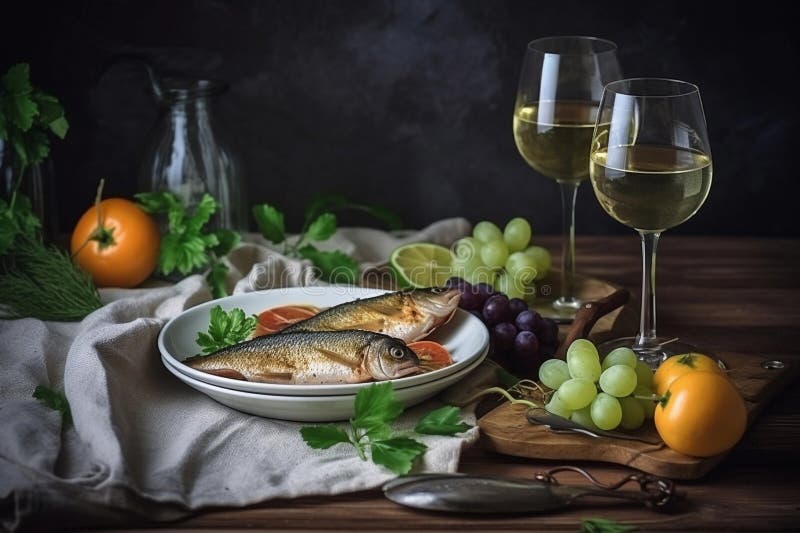 Illustration of Still Life with Fish, Wine and Fruit Created with ...