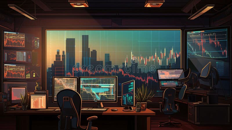 Trading Room with Glass Walls, Desk, Computer, Charts, and Stock Market ...