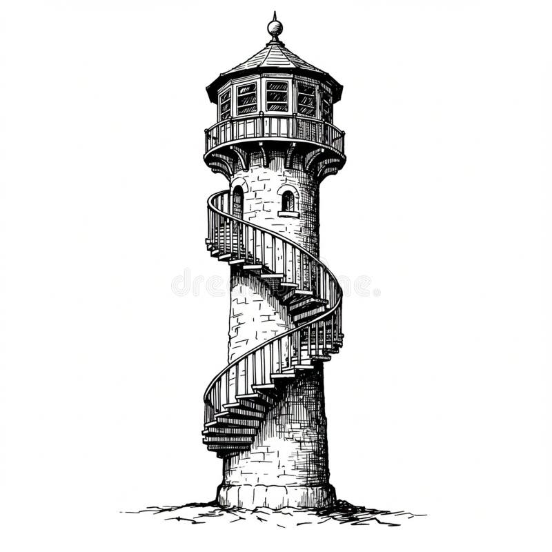 Illustration of a Stone Lighthouse with a Conical Roof, Featuring an ...