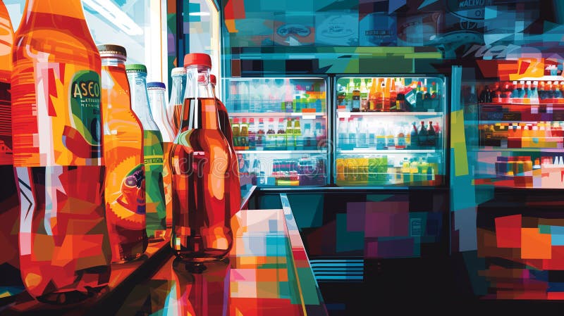Illustration a Store with Vibrant Displays of Various Bottles, Creating ... Illustration a Store with Vibrant Displays of Various Bottles, Creating ...