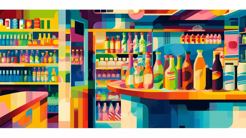 Illustration a Store with Vibrant Displays of Various Bottles, Creating ... Illustration a Store with Vibrant Displays of Various Bottles, Creating ...