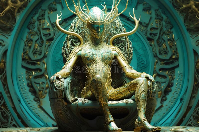 Illustration of Strange Gold Creature Sitting on Throne Stock ...