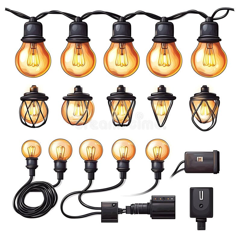 Illustration of a String of EdisonStyle Light Bulbs with Various Cage ...