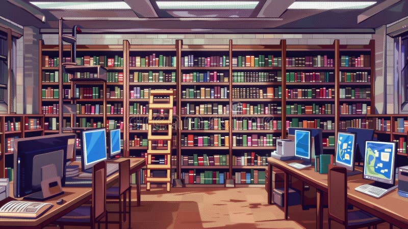 An Illustration of a Student Library with Rows of Bookshelves and ...