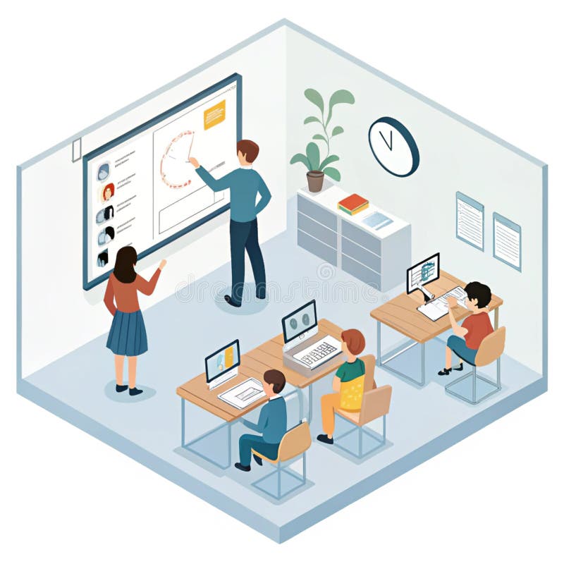 Virtual Classroom with Teacher Using Smart Whiteboard Stock ...