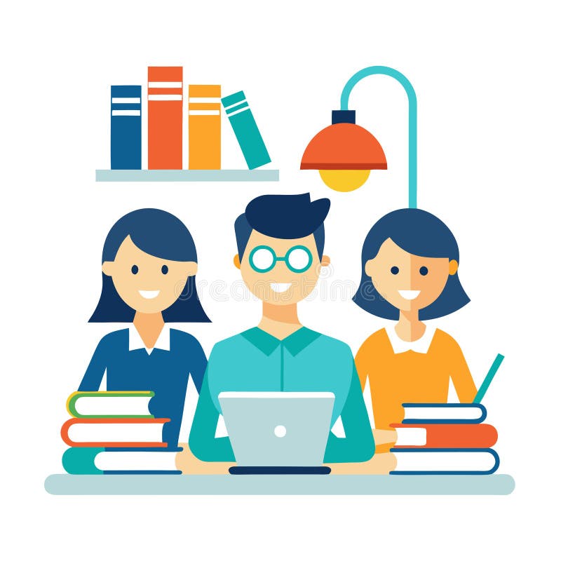 Students Study Together with Books and Laptop in Flat Vector ...
