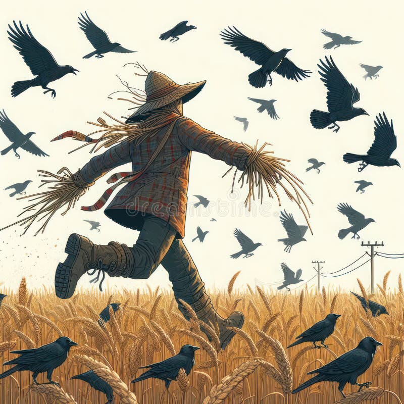 Illustration of a Stuffed Animal Chasing Away Crows from a Field. Stock ...
