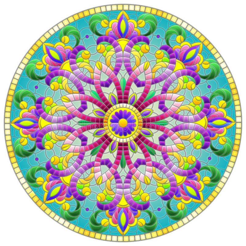 Stained Glass Illustration with Abstract Patterns and Flowers, Round ...