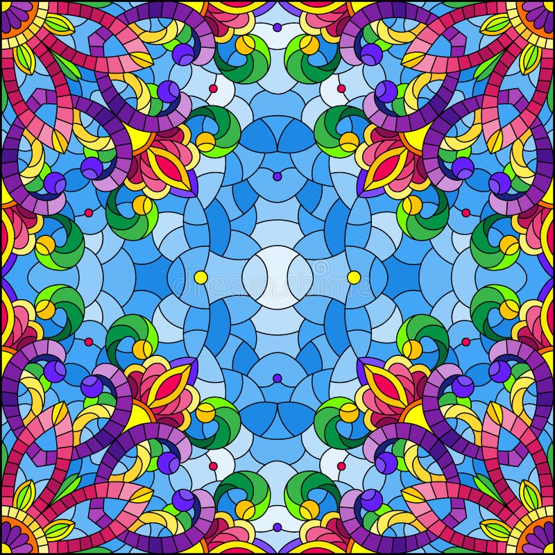 Stained Glass Illustration with Abstract Patterns and Flowers, Square ...