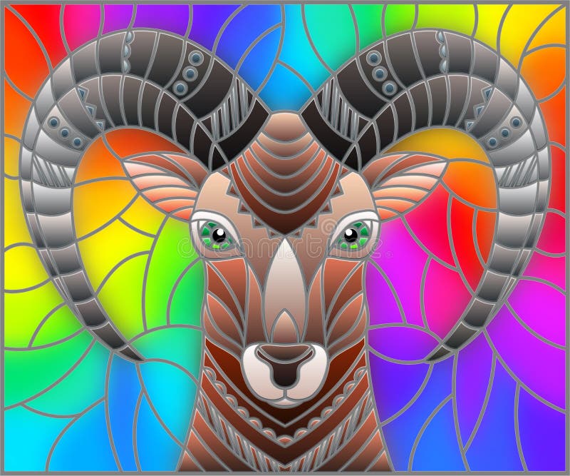 Stained Glass Illustration with Abstract Ram Head on a Rainbow ...