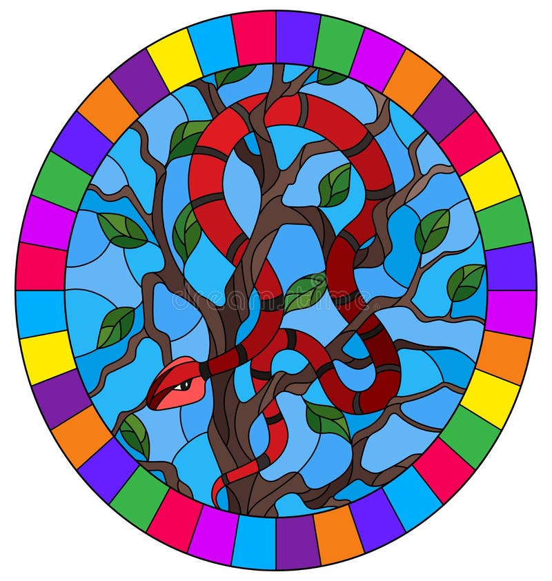 Stained Glass Illustration with Red Snake on the Tree on Blue ...