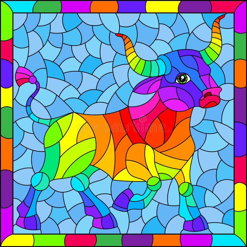 Stained Glass Illustration with an Abstract Rainbow Bull in a Bright ...