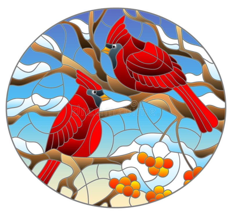 Stained Glass Illustration with Bright Cardinal Birds on Snow-covered ...