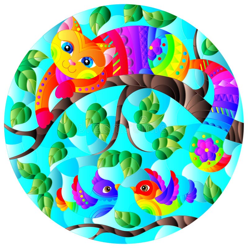 Illustration in the Style of a Stained Glass Window with a Bright Cat ...