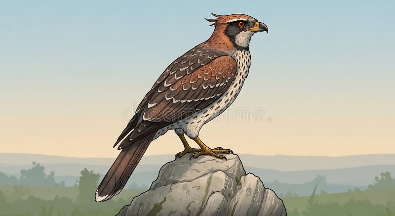 Illustration of a Stylized Hawk Perched on a Rock. the Bird Features ...