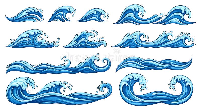 Illustration of Stylized Ocean Waves in Various Forms and Sizes. Each ...