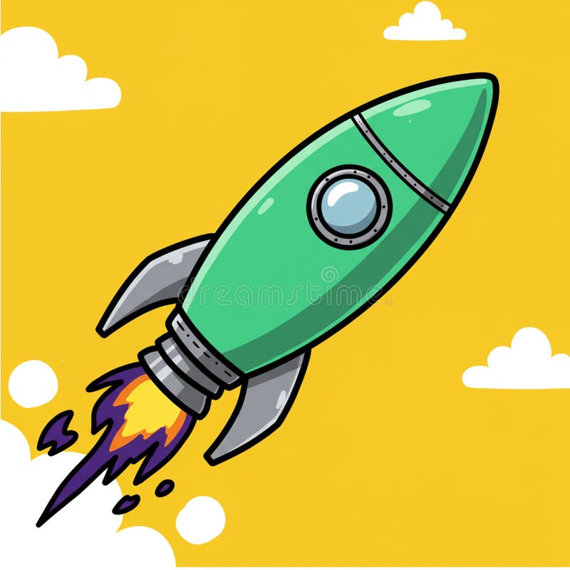 Illustration of a Stylized Rocket Ascending Against a Yellow Background ...