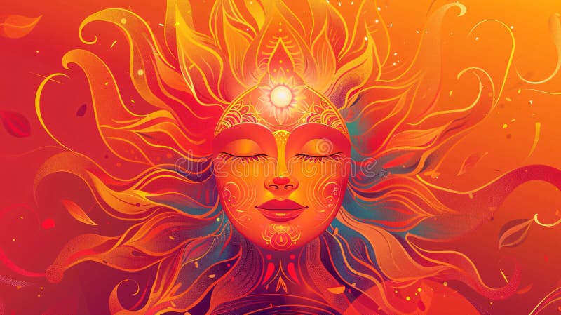 Illustration with a Stylized Sun with a Serene Face Stock Illustration ...