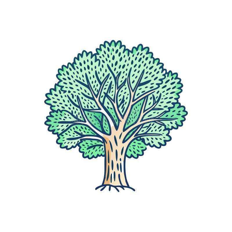 Illustration of a Stylized Tree with a Leafy Crown and Visible Roots ...