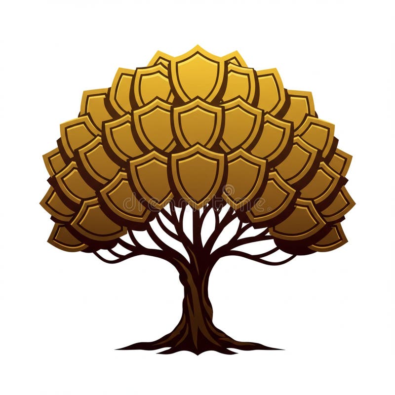 Illustration of a Stylized Tree with Shield-shaped Leaves, Creating a ...